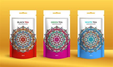 지퍼 파우치 백 모형으로 다채로운 차 포장 디자인 벡터 장식 템플릿입니다 우아하고 고전적인 요소 음식 음료 및 기타 패키지