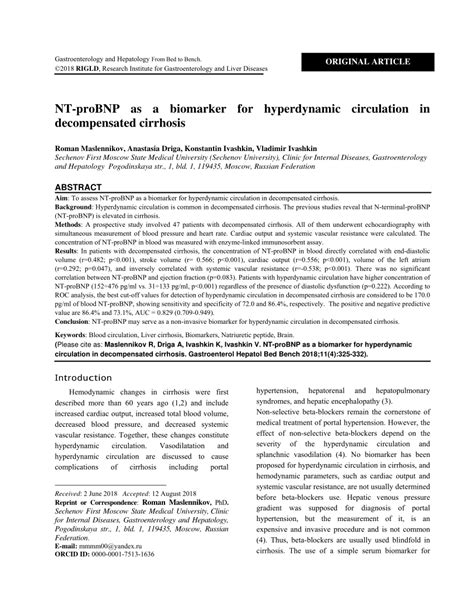 Pdf Nt Probnp As A Biomarker For Hyperdynamic Circulation In Decompensated Cirrhosis