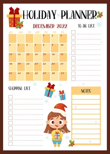 휴일 가리 플래너 크리스마스 주최자 월간 달력 2022년 12월 할일 쇼핑 목록 및 메모 프리미엄 벡터