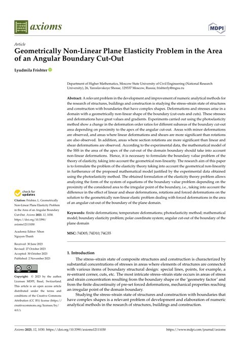 Pdf Geometrically Non Linear Plane Elasticity Problem In The Area Of An Angular Boundary Cut Out