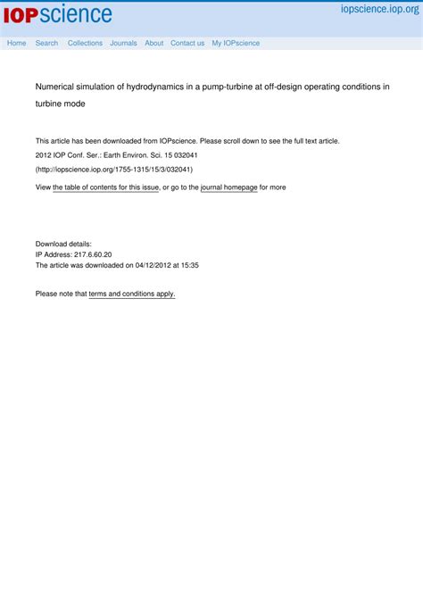 Pdf Numerical Simulation Of Hydrodynamics In A Pump Turbine At Off