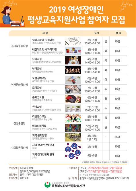 2019년 여성장애인평생교육지원사업 안내 충청북도장애인종합복지관
