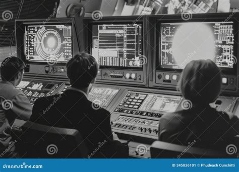 Operators Engaged In High Tech Control Room Monitoring Systems And Data Visualizations In A