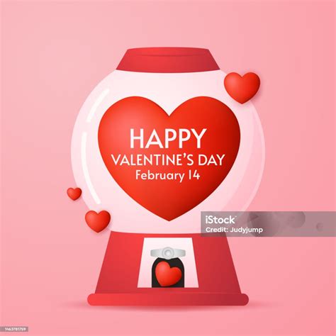 분홍색 배경에 빨간색 파란색과 흰색 풍선껌 하트로 채워진 자동 판매기의 심장 투명 유리로 된 그림 발렌타인 데이 3차원 형태에 대한 스톡 벡터 아트 및 기타 이미지 Istock