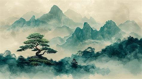 Brush Stroke Texture In Vintage Style With Japanese Bonsai Tree Pattern Abstract Art Landscape