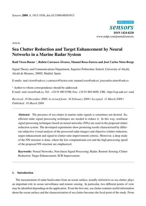 Pdf Sea Clutter Reduction And Target Enhancement By Neural Networks