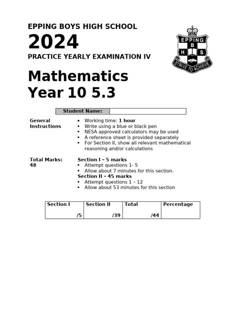 Year 10 Maths Mock Exam 2024 Pdf Mathematics