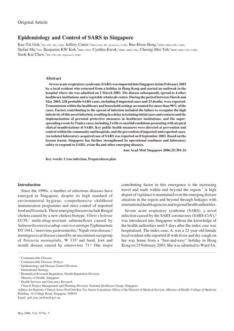 Pdf Epidemiology And Control Of Sars In Singapore
