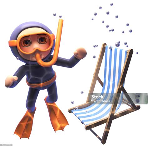 스쿠버 스노클링 다이버의 재미있는 3d 만화 는 수중 침몰 갑판 의자를보고 3d 그림 3차원 형태에 대한 스톡 사진 및 기타 이미지 3차원 형태 가라앉음 갑판 의자