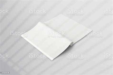 현실적인 평면도 표지와 열린 세로 A4 또는 A5 잡지 또는 문구 및 브랜딩용 브로셔 소책자 모형 템플릿은 밝은 회색 배경과 나뭇잎 그림자 오버레이를 격리했습니다 3d
