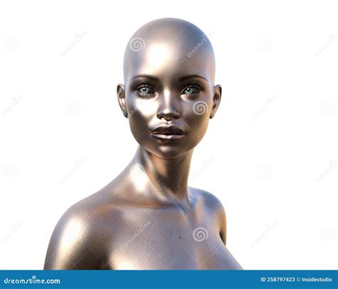 Portrait Of A Bald Silvery Naked Woman On A White Background 3d