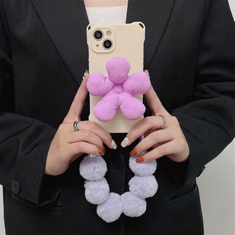 플라워 아이폰케이스 3세트 패브릭 꽃 홀더 뽀글이 스트랩 휴대폰줄 귀여운 러블리 퍼플핑크