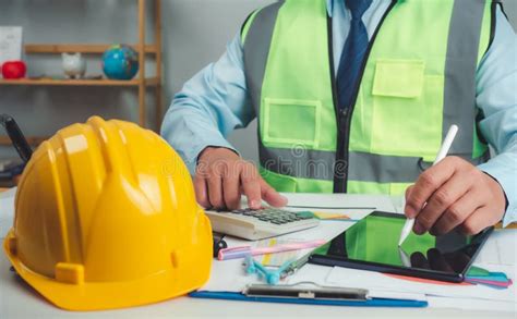 Architect Or Engineer Using Tablet To Work On Table Cost Calculation Construction Planning