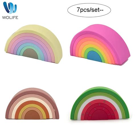 Wolife Bpa 프리 레인보우 소프트 블록 어린이 실리콘 빌딩 블록 3d 교육용 몬테소리 장난감 아기 쌓기 장난감