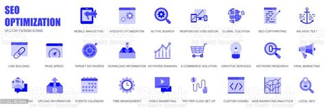 웹 아이콘의 Seo 최적화 개념은 단순한 평면 디자인으로 설정됩니다 마케팅 활성 검색 글로벌 솔루션 앵커 텍스트 링크 구축 키워드 및 기타 팩 모바일 앱에 대 한 벡터