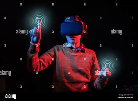 Man Wearing A VR Headset Pressing Virtual Points With Both Index Fingers Using Hand Tracking