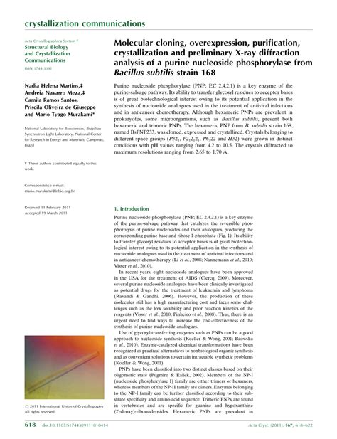Pdf Molecular Cloning Overexpression Purification Crystallization And Preliminary X Ray
