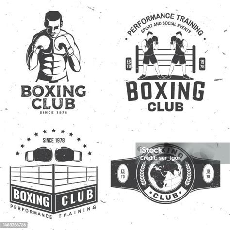 권투 클럽 배지 세트 디자인 벡터 그림입니다 권투 스포츠 클럽 엠블럼 기호 패치 셔츠 템플릿 빈티지 모노크롬 라벨 복서가 있는