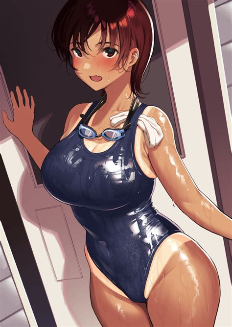 Rule 34 D Bangs Bare Arms Bare Shoulders Blue Swimsuit Blush Breasts Cleavage Commentary
