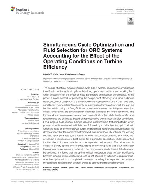 Pdf Simultaneous Cycle Optimization And Fluid Selection For Orc Systems Accounting For The