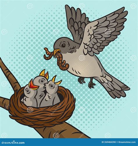 Bird Feed Chicks Pop Art Vector Illustration Stock Vector