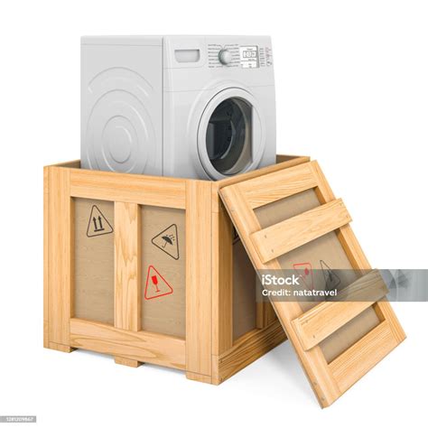 나무 상자 내부의 세탁기 배달 개념 흰색 배경에서 격리된 3d 렌더링 나무 상자에 대한 스톡 사진 및 기타 이미지 나무 상자 디지털 생성 이미지 보내기 Istock