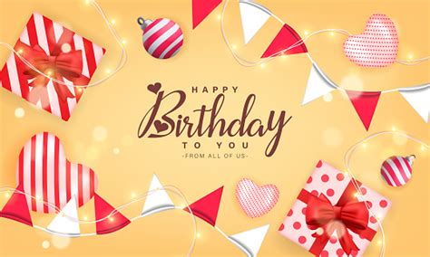 생일 축하합니다 인사말 벡터 배경 디자인 노란색 배경의 생일 인사말 텍스트 와 선물 상자 파티 모자 페넌트 및 별 요소 장식 벡터 일러스트 레이 션 초대장 3차원 형태에