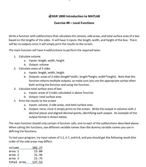 Sengr 1800 Introduction To Matlab Exercise 8 Local