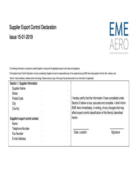 Fillable Online Supplier Export Control Declaration Fax Email Print Pdffiller
