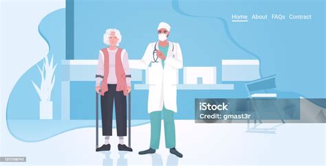 지팡이 병원 병동 내부 수평 전체 길이 벡터 일러스트로 장애인 여성을 돕는 제복을 입은 노인 환자 의료 종사자 개념에 대한 스톡 벡터 아트 및 기타 이미지 Istock