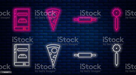 피자 롤링 핀 요리 책과 피자 나이프의 설정 라인 슬라이스 벽돌 벽에 빛나는 네온 아이콘입니다 벡터 강철에 대한 스톡 벡터 아트 및 기타 이미지 Istock