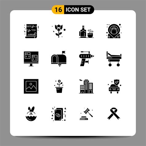 Pack Of 16 Creative Solid Glyphs Of Coding Store Cup Shop Market Editable Vector Design Elements