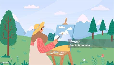 여름 자연을 그리는 여성 예술가 모자를 쓴 여자는 녹색 잔디밭에 야외에 앉아 산 풍경을 그린다 그림 그리기에 대한 스톡 벡터 아트 및 기타 이미지 Istock