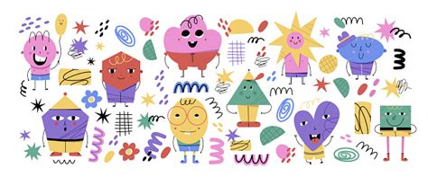 추상 기하학적 문자 귀여운 얼굴 다리와 손 재미있는 그래픽 마스코트를 가진 기본 인물 현대 유치한 생물 포스터 또는 배너 격리된 개체 벡터 만화 낙서 그림 원형에 대한 스톡