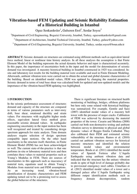 Pdf Vibration Based Fem Updating And Seismic Reliability Estimation Of A Historical Building