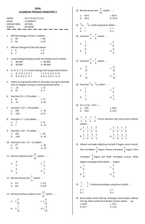 Soal Uts Matematika Kelas Iv Semester 2