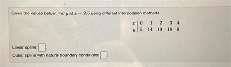 solved given the values below find y at x 2 5 using
