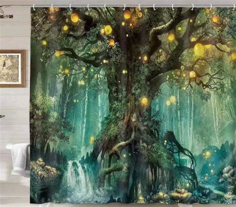 Forest Shower Curtain With Hooks Waterfalls Old Tree Etsy