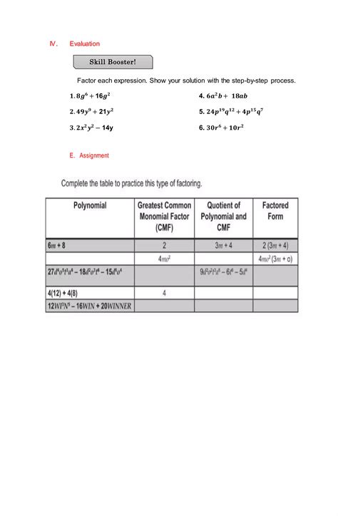 Lesson Plan On Factoring Polynomial With Common Monomial Factor Docx
