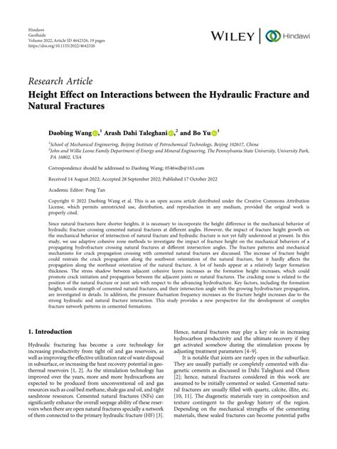 Pdf Height Effect On Interactions Between The Hydraulic Fracture And Natural Fractures