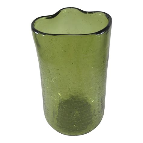 Late 20th Century Avocado Green Crackle Glass Vase Hand Blown 8 12 Tall Mid Century Modern