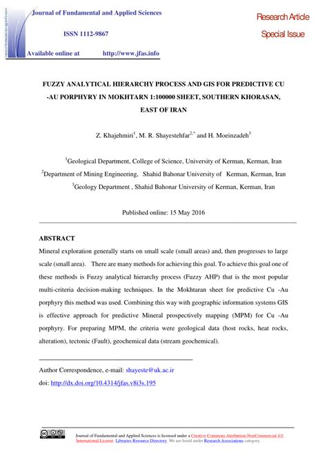 Pdf Fuzzy Analytical Hierarchy Process And Gis For Predictive Cu Au Porphyry In Mokhtarn 1