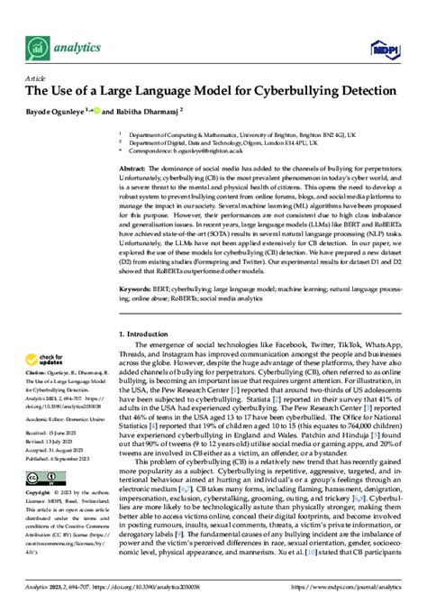 Pdf The Use Of A Large Language Model For Cyberbullying Detection