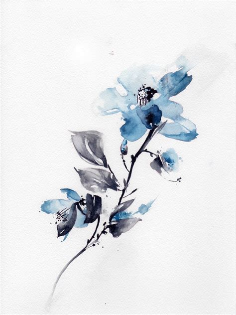 Blue Flower Sumi E Etsy