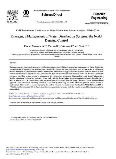 Pdf Emergency Management Of Water Distribution Systems The Nodal Demand Control