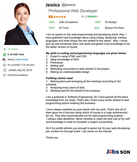 Freelancer Profile Summary Sample For Web Developer