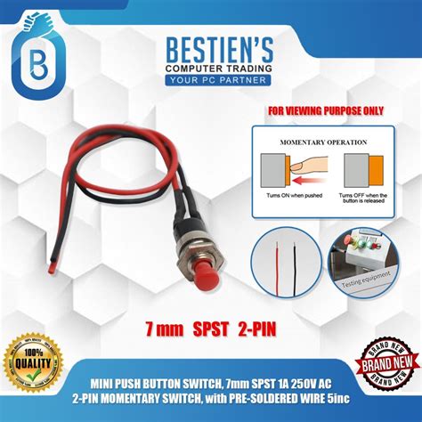 MINI PUSH BUTTON SWITCH 7mm SPST 1A 250V AC 2 PIN MOMENTARY SWITCH With PRE SOLDERED WIRE 5inc