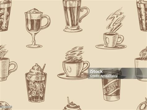 빈티지 스타일의 커피 배경컵 매끄러운 패턴 카푸치노와 글래스 에스프레소와 라떼 모카와 아메리카노 프라페를 한 잔에 담으세요