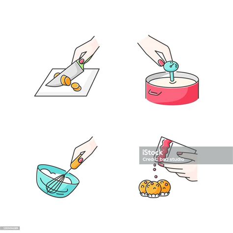 요리 방법 Rgb 색상 아이콘 세트 음식 준비 요리 기술 절단 치즈 만들기 휘핑 크림과 사탕은 고립 된 벡터 일러스트를 만들기