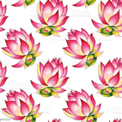 연꽃이 피는 손으로 그린 장식 원활한 패턴 알코올 마커 그림 흰색 배경에 격리 그런지 이미지 기법에 대한 스톡 벡터 아트 및